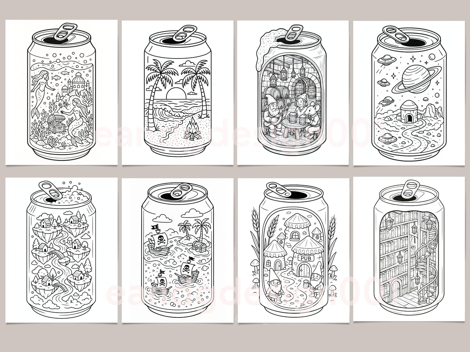 Mini World in a Can Coloring Pages, Whimsical Tiny Worlds Inside Cans ...