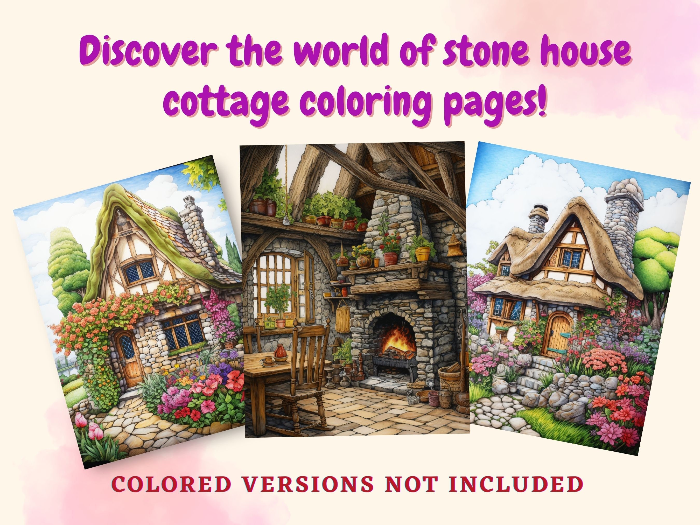 Stone House Cottage Coloring Pages for Adults Instant Download Stone ...