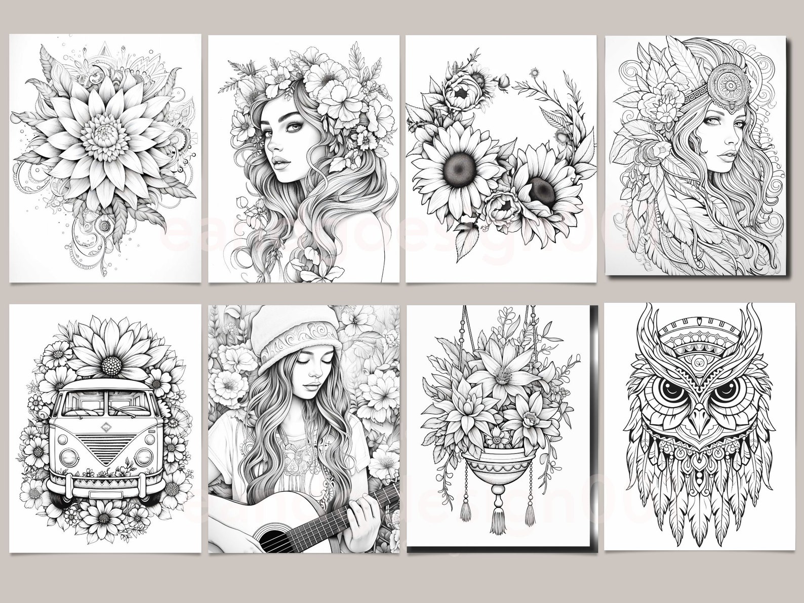Boho Hippie Pdf Coloring Pages for Adults Instant Download Mandala ...