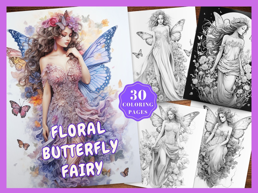 Butterfly Fairy Coloring Pages for Adults Instant Download Floral ...