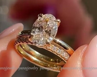 3 CT Oval Cut Moissanite Engagement Ring in 14K Gold Moissanite Bridal Ring Set for Her Wedding ...