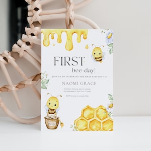First Bee-day Party, Bee Birthday Day Party, First Birthday Invitation ...