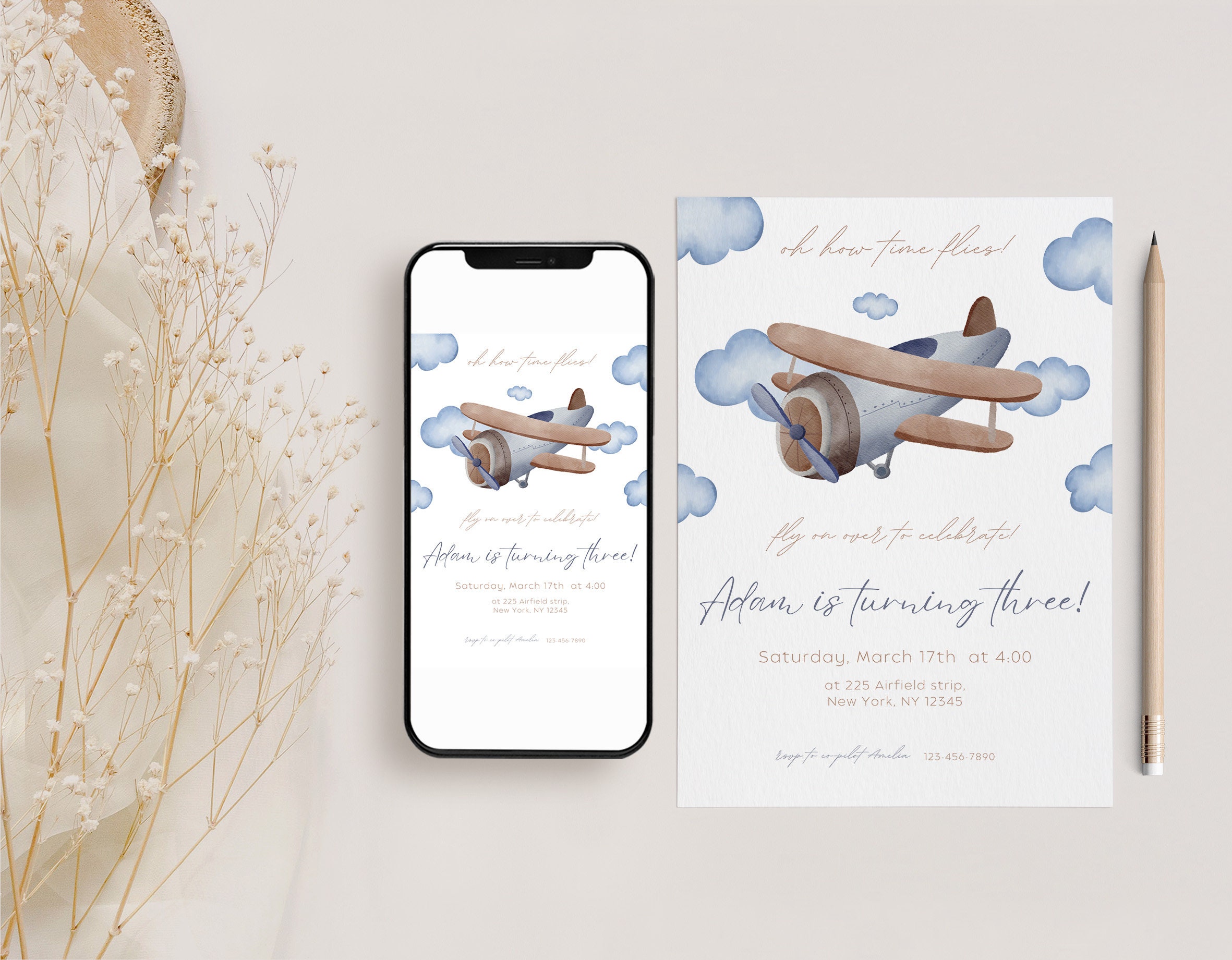 Airplane Birthday Boy Party Invitation, Oh How Time Flies, Fly on Over ...