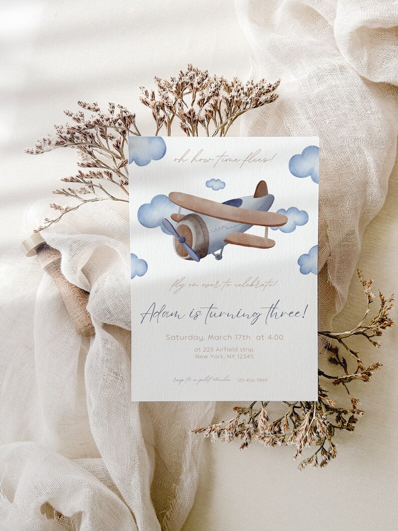 Airplane Birthday Boy Party Invitation, Oh How Time Flies, Fly on Over ...