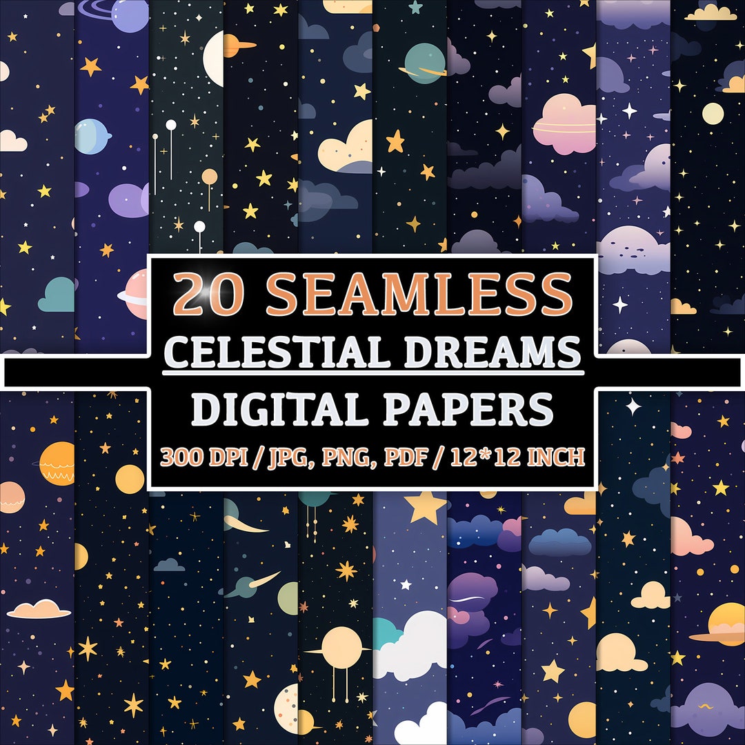 20 Seamless Celestial Dreams Digital Patterns - Stars and Moons, Galaxy-inspired Papers, Sun ...