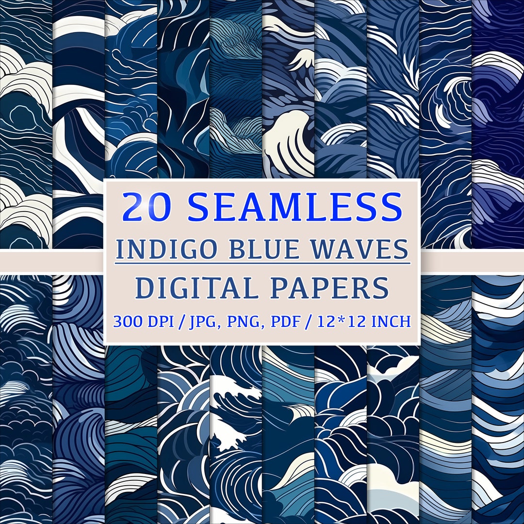 20 Indigo Blue Wave Seamless Patterns for Digital Papers, Clipart, and ...