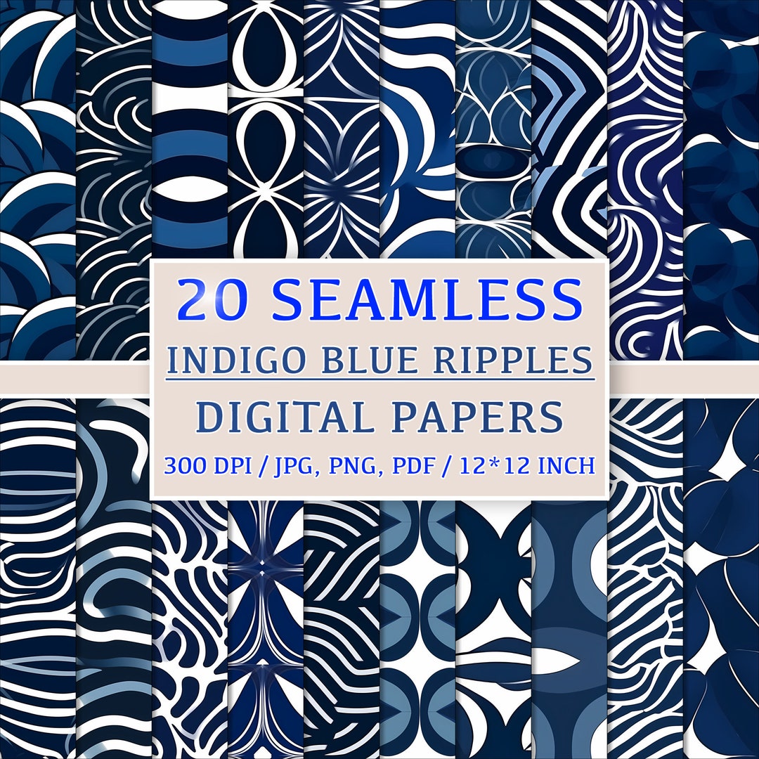 Set of 20 Seamless Indigo Blue Ripple Patterns, Digital Papers, Waves ...