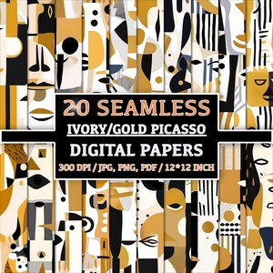 Picasso-inspired Elegance: Set of 20 Seamless Ivory and Gold Patterns ...