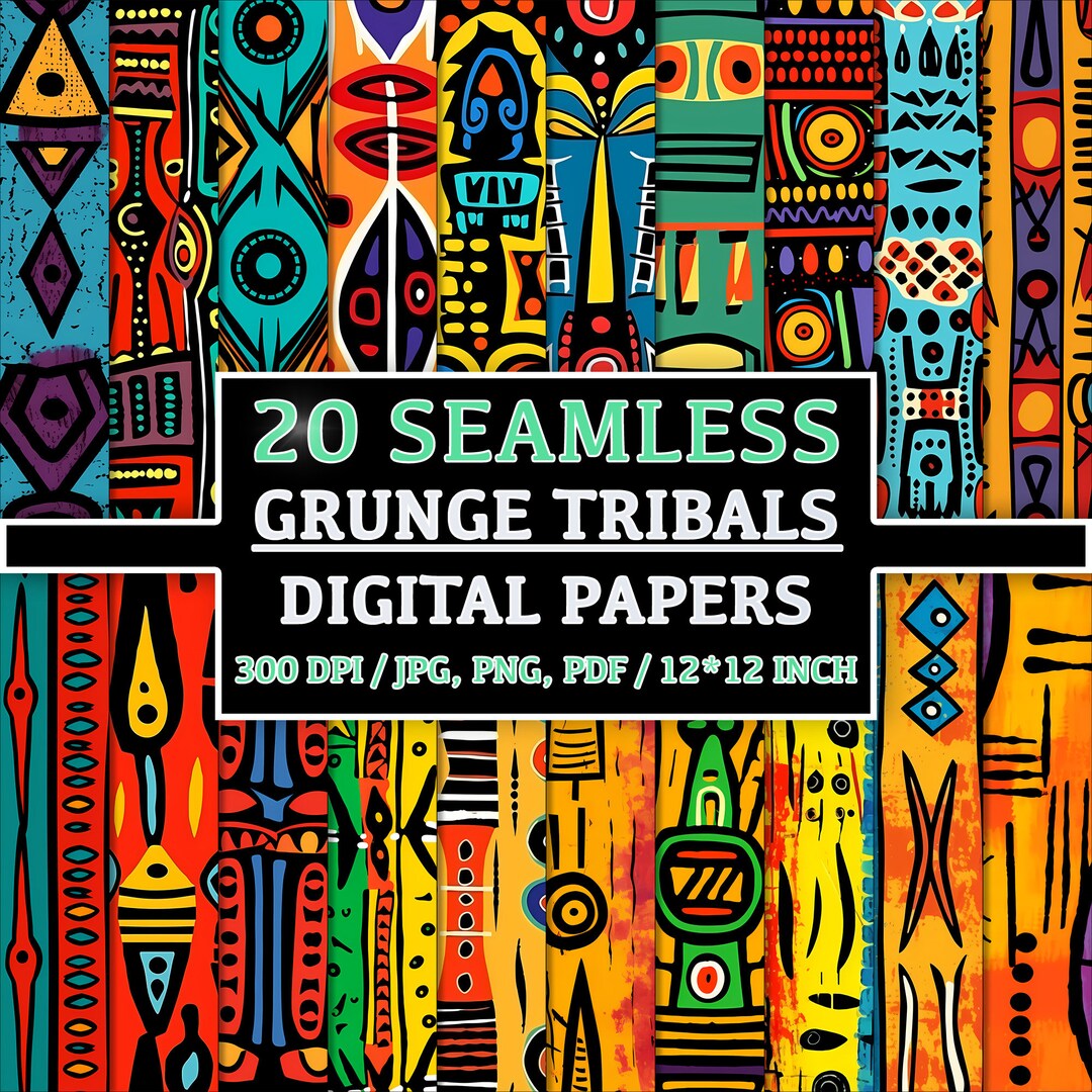 African-inspired Grunge Tribal Patterns - Set of 20 Digital Papers for ...