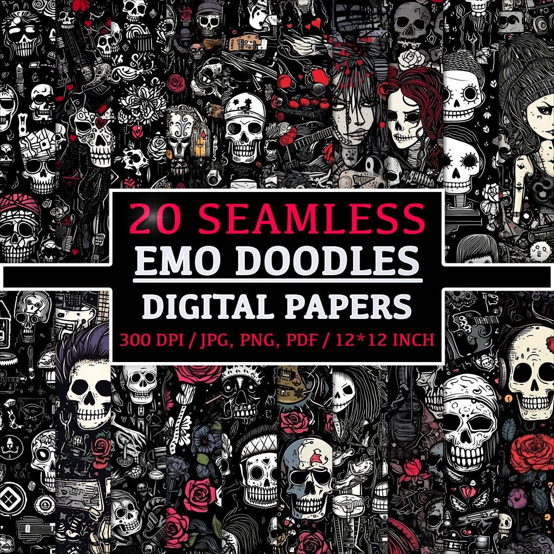 Emo Elegance: 20 Seamless Doodles Patterns, Digital Papers, Clipart ...