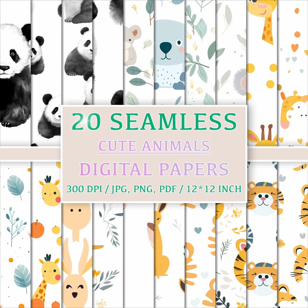 Cute Animals Digital Papers, Seamless Patterns for Backgrounds, Doodles ...
