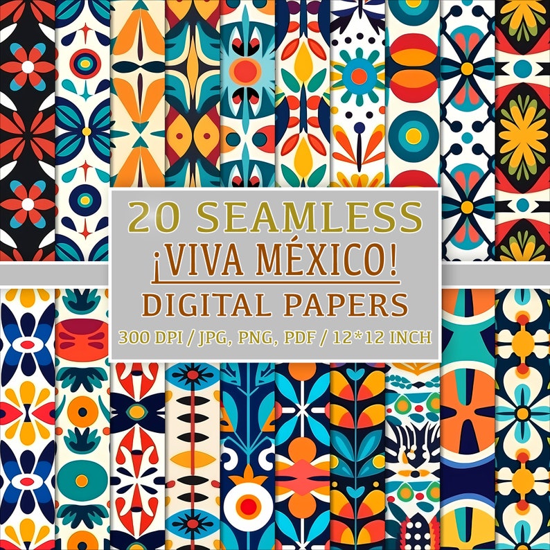 Mexican Fiesta: Set of 20 Vibrant Seamless Patterns for Digital Papers ...