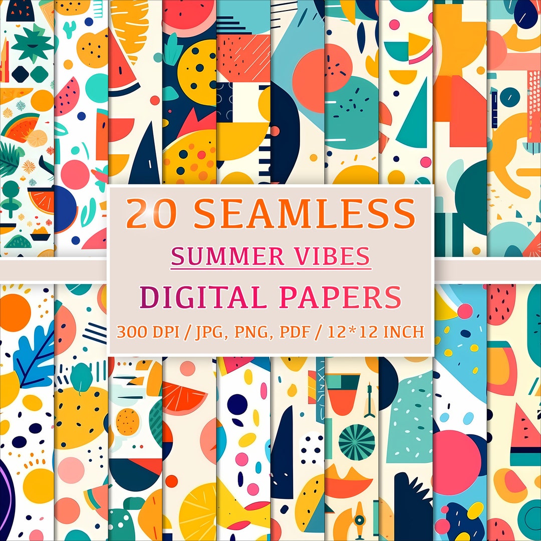 Vibrant Summer Vibes: Set of 20 Seamless Digital Papers in Bright ...