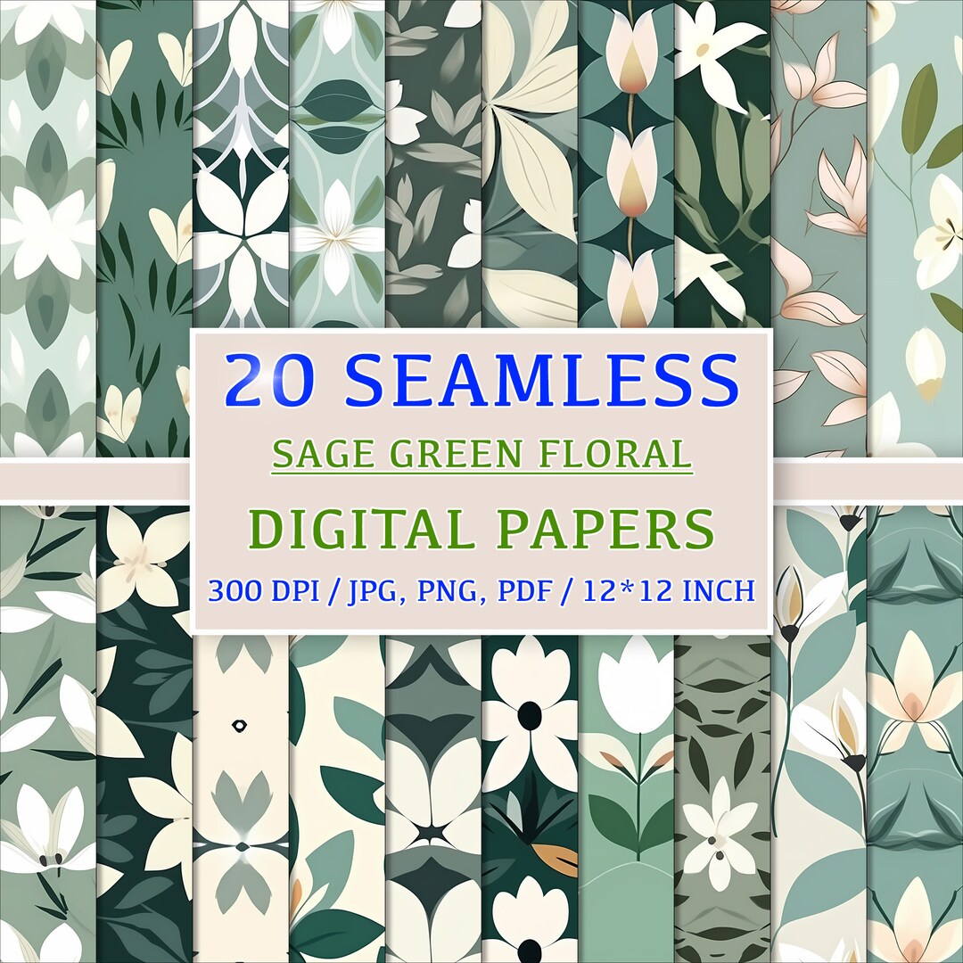 20 Seamless Sage Green Floral Patterns for Digital Papers, Scrapbooking ...