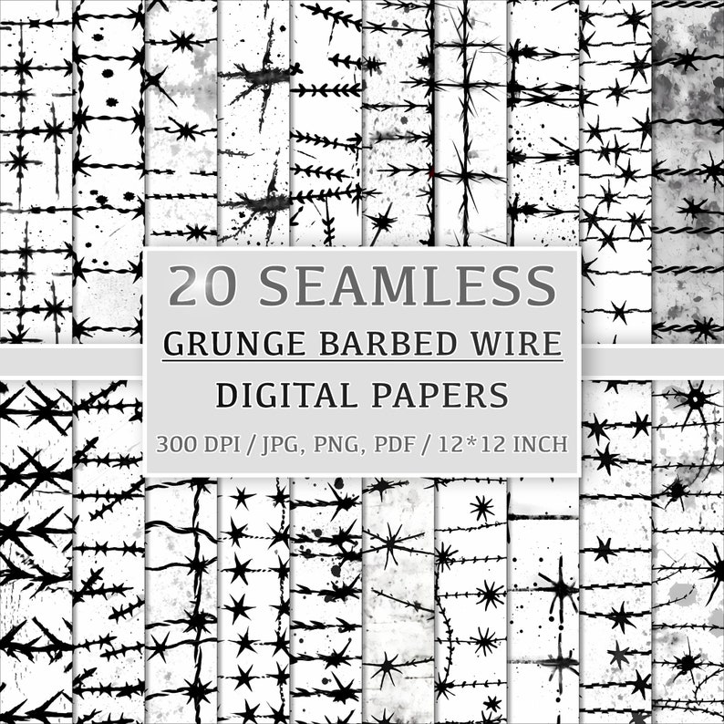 Industrial Edge: 20 Grunge Barbed Wire Seamless Patterns for Digital ...