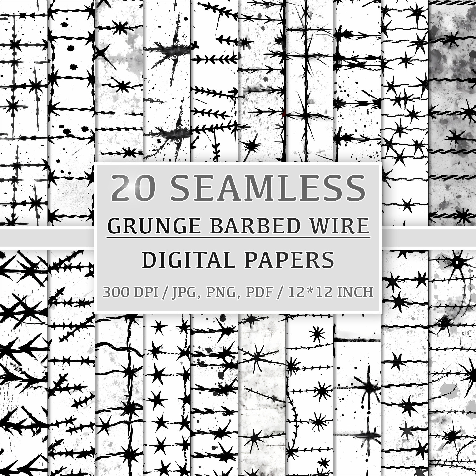 Industrial Edge: 20 Grunge Barbed Wire Seamless Patterns for Digital ...