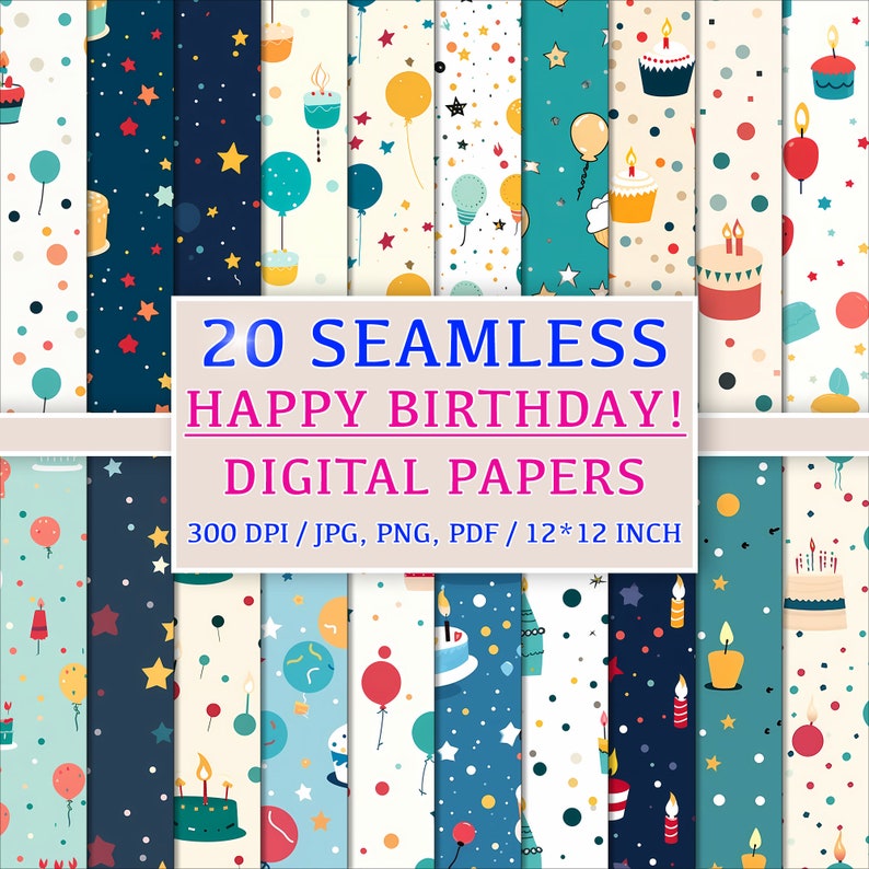 20 Seamless Happy Birthday Patterns - Digital Papers for Joyful ...