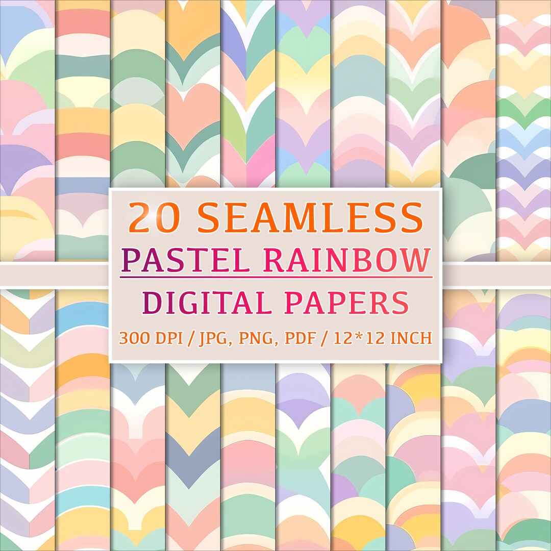 Set of 20 Seamless Pastel Rainbow Patterns, Digital Papers, Colorful ...