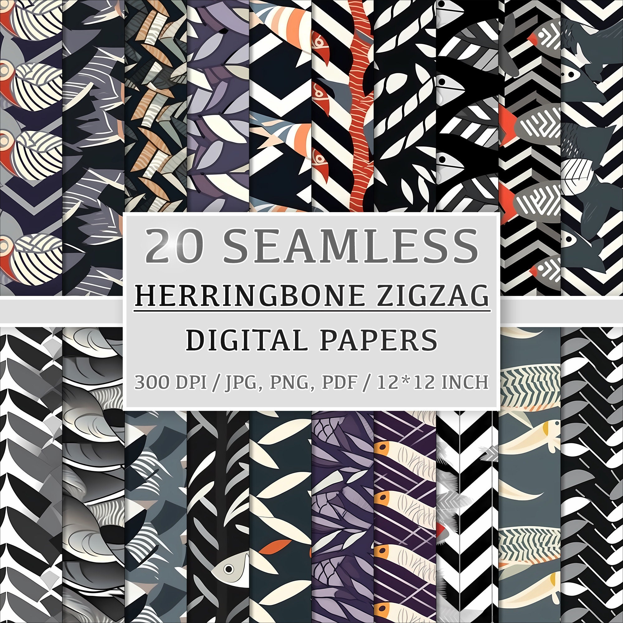 Set of 20 Herringbone Zigzag Patterns, 20 Seamless Digital Papers for ...