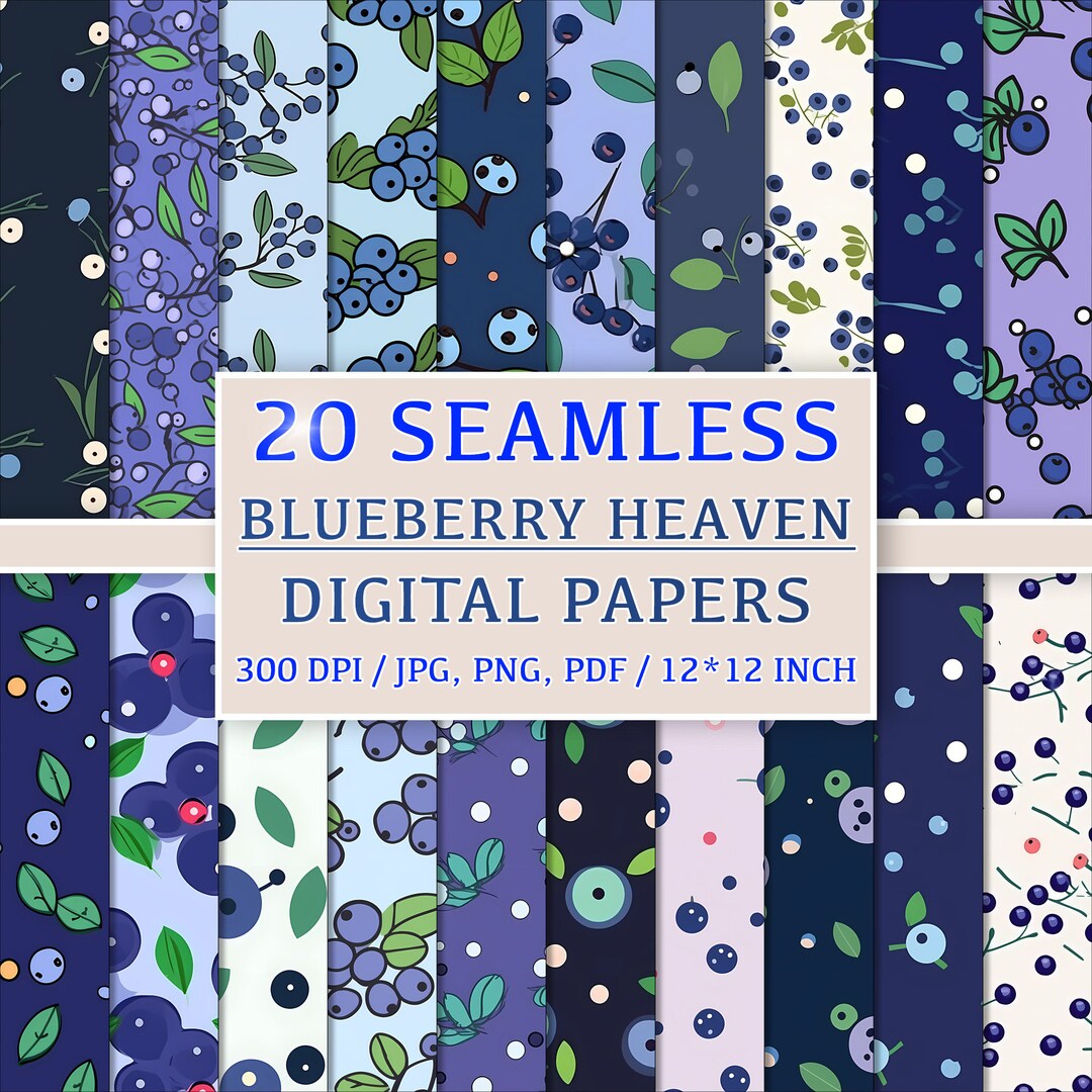 20 Seamless Blueberry Patterns for Digital Papers, Clipart, Backgrounds ...