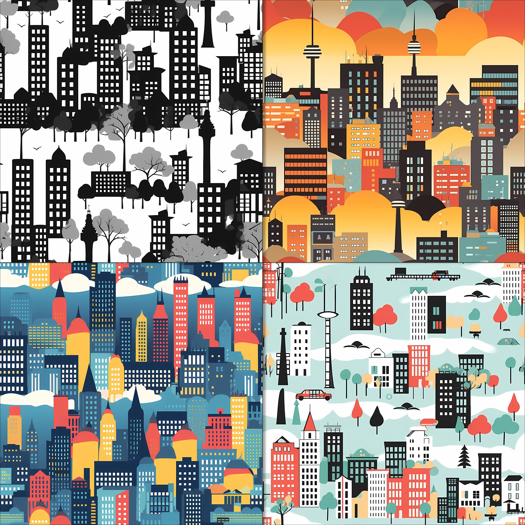 Urban Silhouette Harmony: 20 Seamless Cityscape Patterns, Digital ...