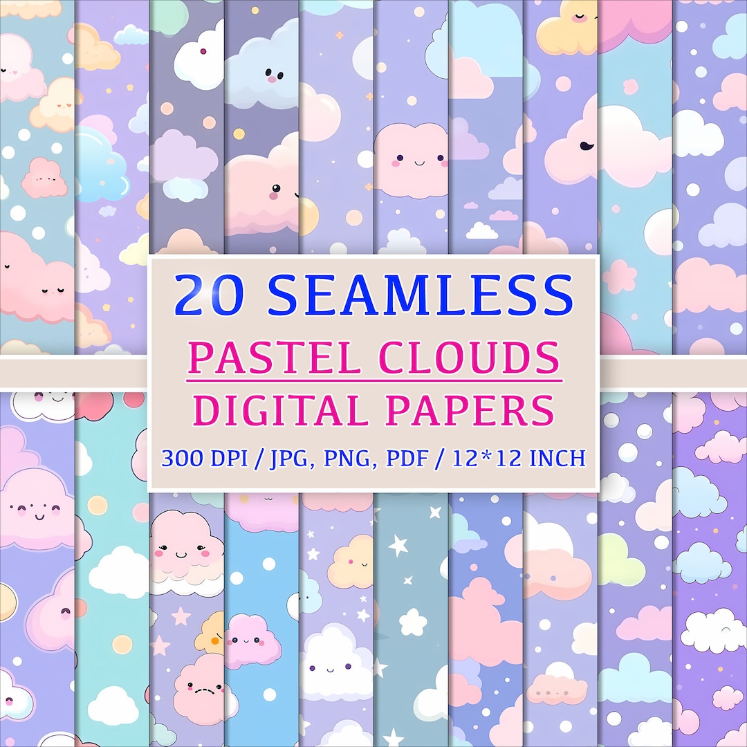 Pastel Clouds Seamless Patterns, 20 Digital Papers for Scrapbooking ...