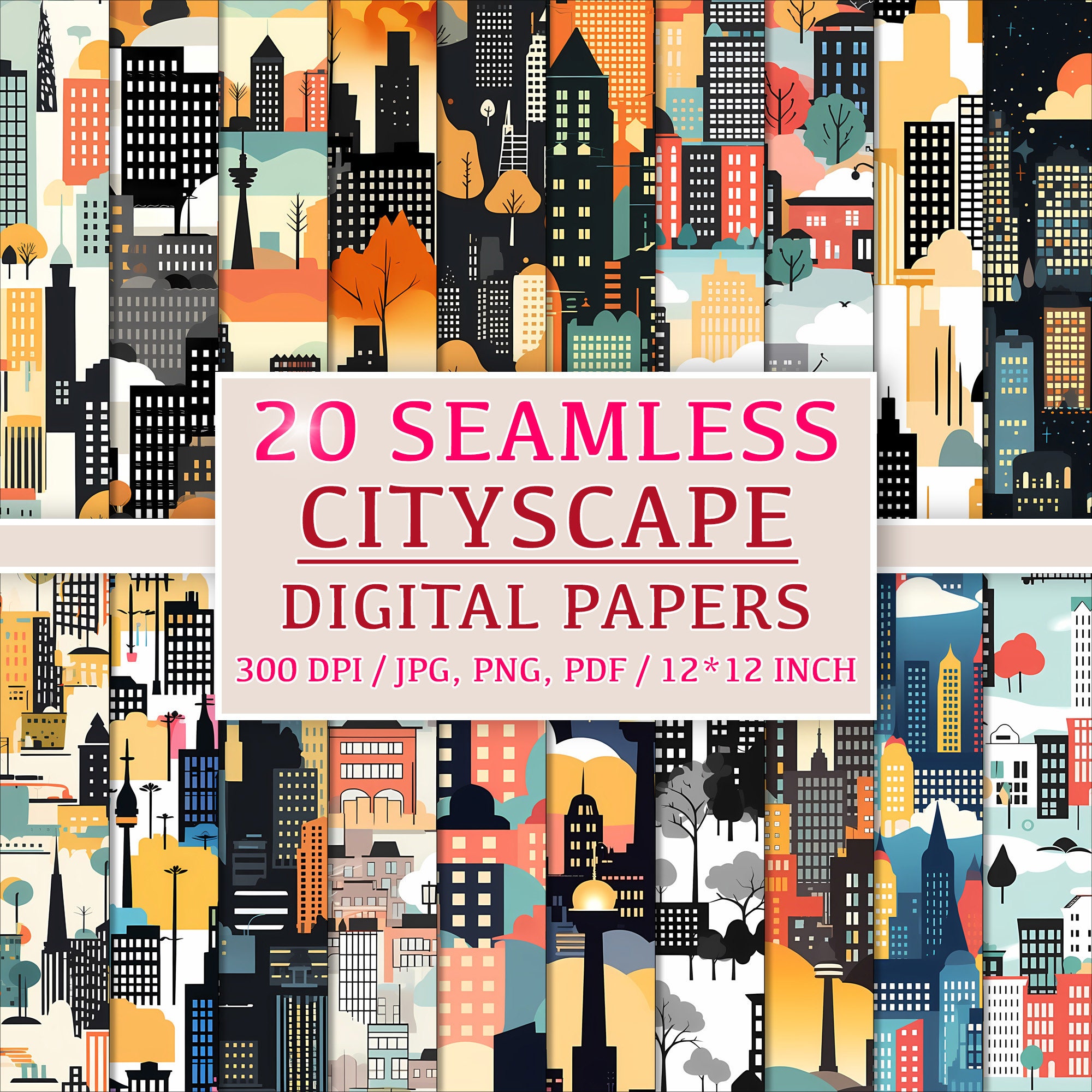 Urban Silhouette Harmony: 20 Seamless Cityscape Patterns - Etsy