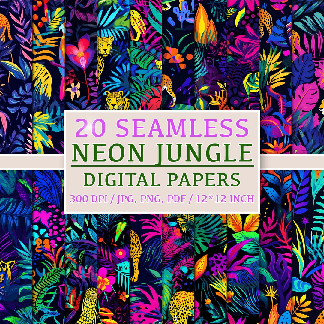 Set of 20 Seamless Neon Jungle Patterns - Exotic Animals, Vibrant ...