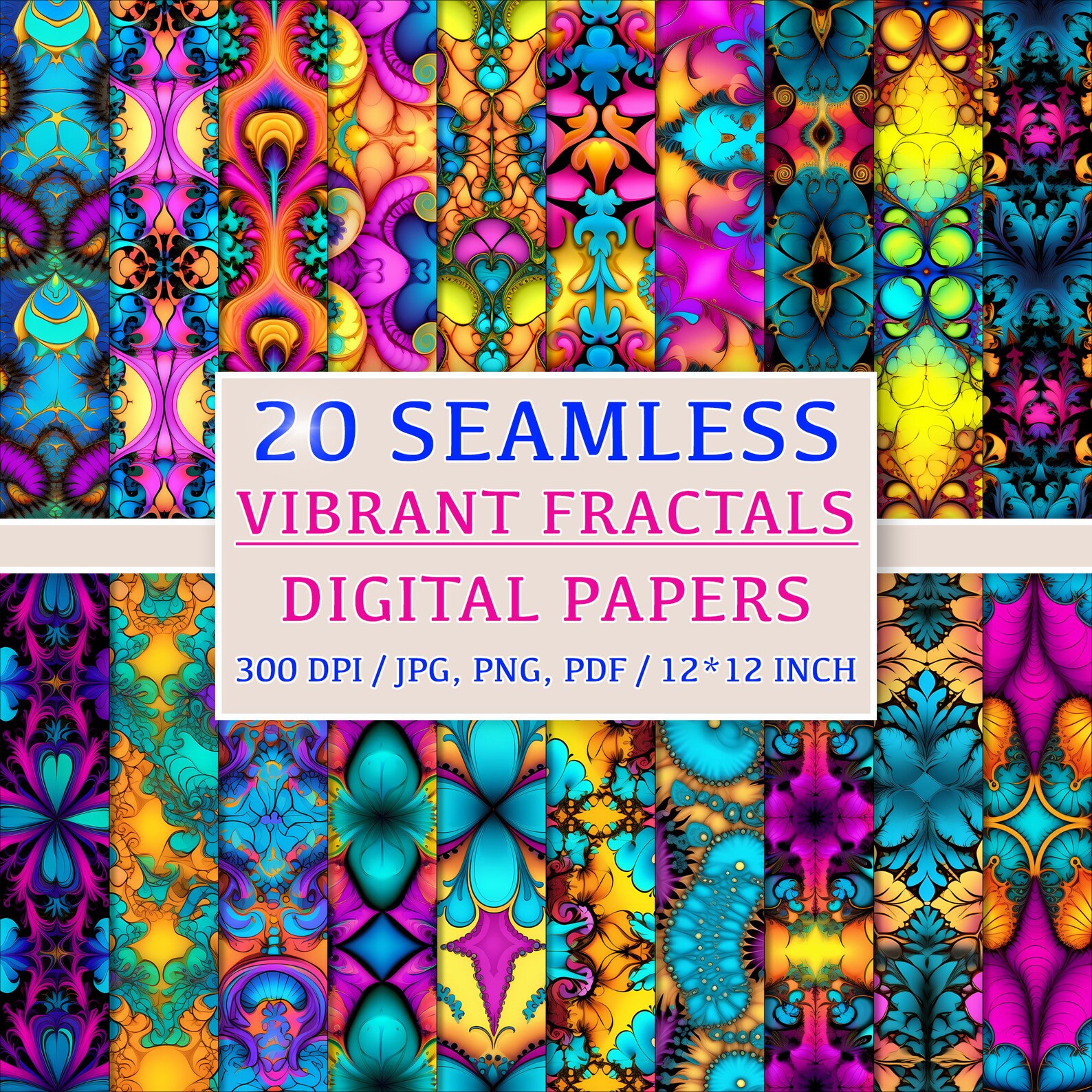 20 Seamless Vibrant Fractals Patterns - Digital Paper With Dynamic ...
