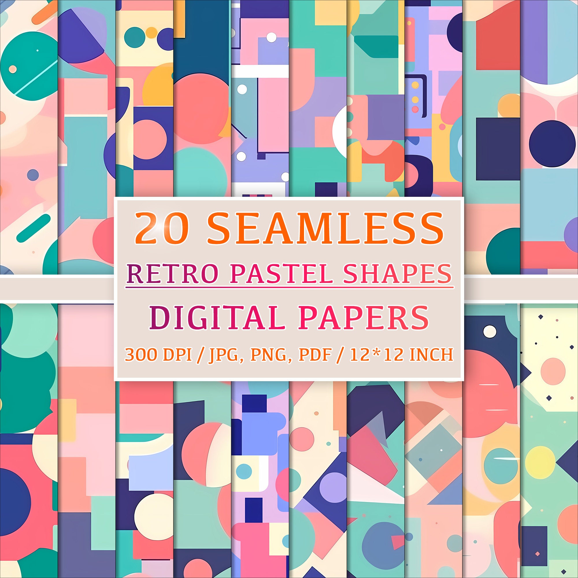 20 Seamless 80s/90s Patterns, Retro Pastel Shapes, Digital Papers ...