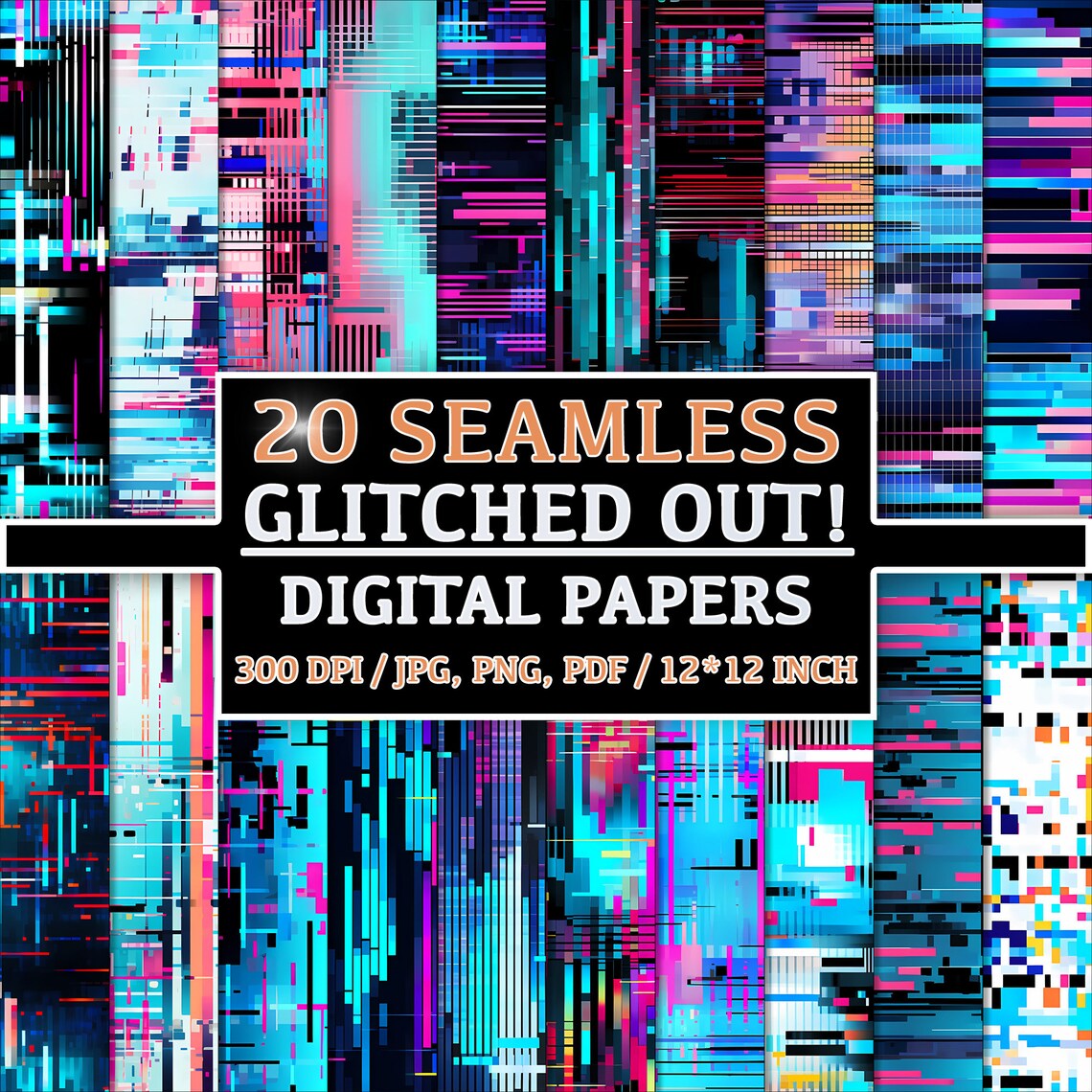 20 Seamless Digital Glitch Patterns - Matrix and Broken Electronics ...