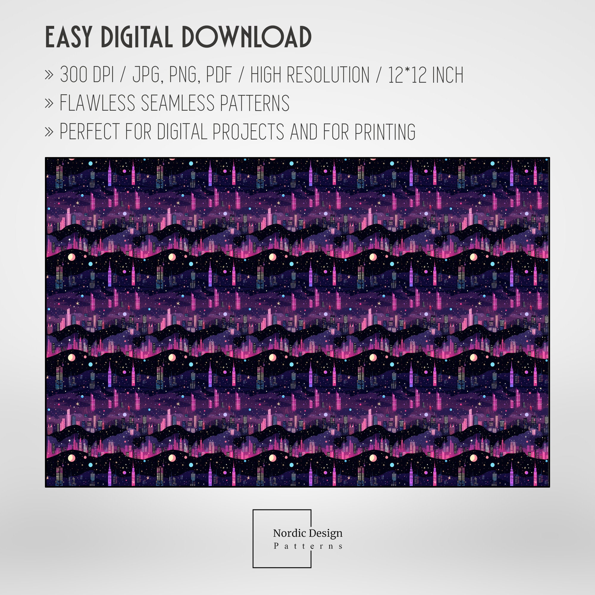 Urban Night Skyline Digital Patterns Set of 20 Seamless Cityscape ...