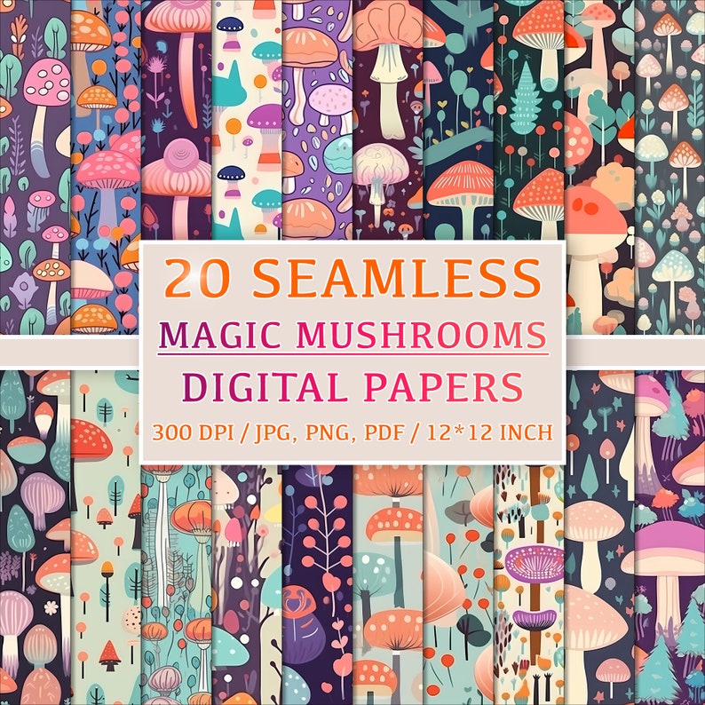Magical Mushroom Dreams: 20 Pastel Hippie Seamless Patterns, Digital ...