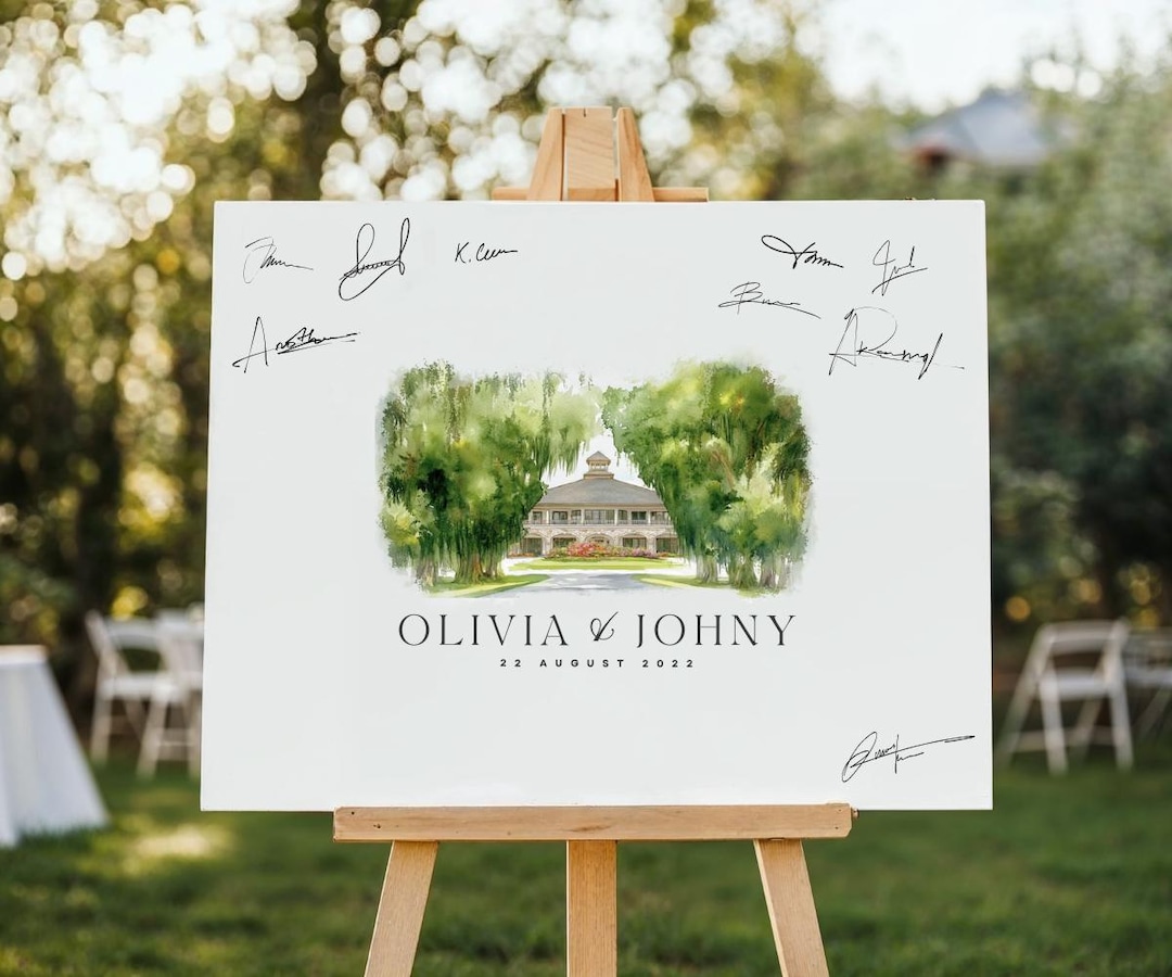 Printed Canvas Wedding Guest Book - Custom Venue Illustration ...