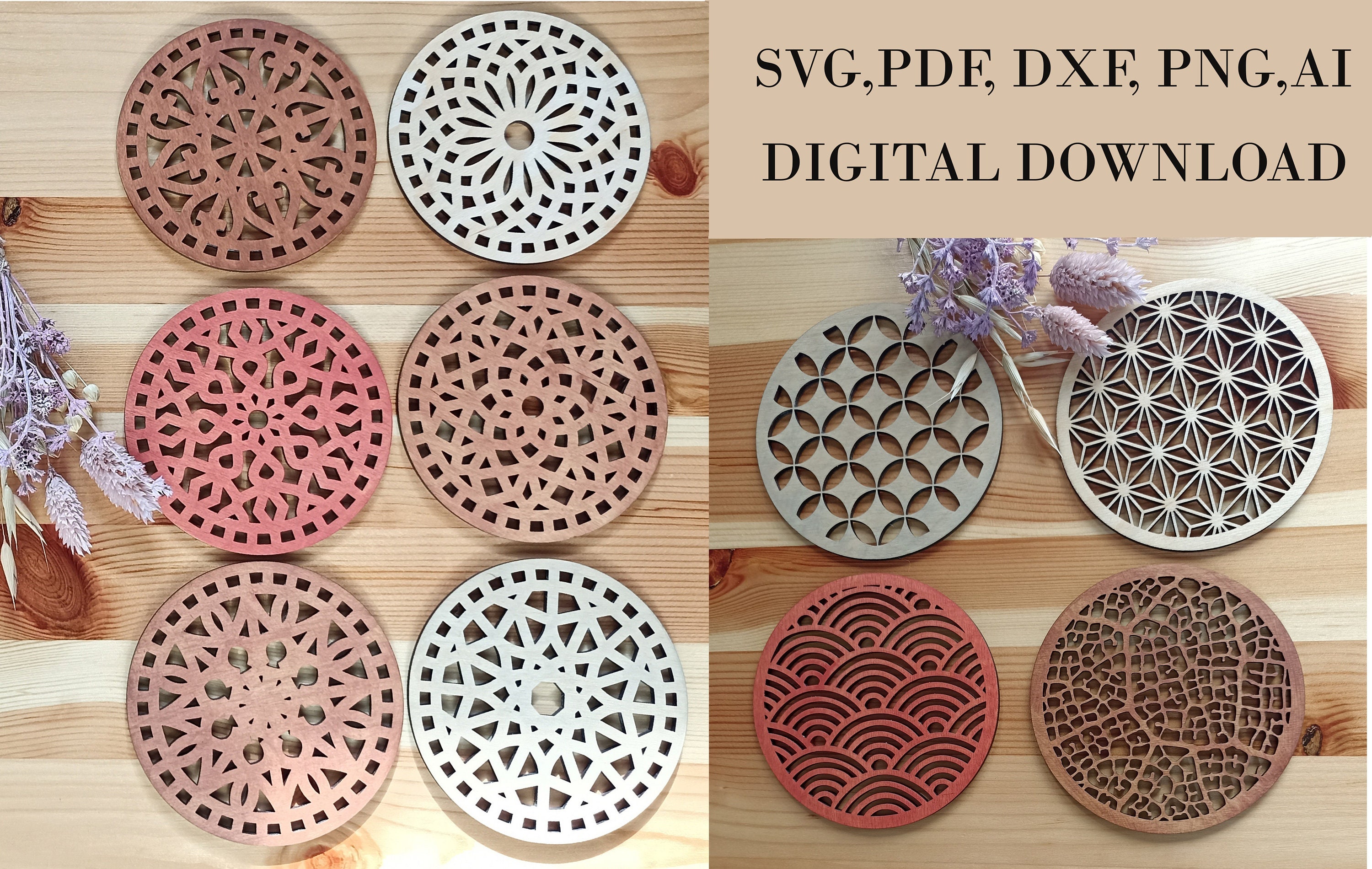 Wood Coasters,laser Cut ,12pcs Coasters,3mm,, Svg, Pdf, Dxf, Png,ai ...