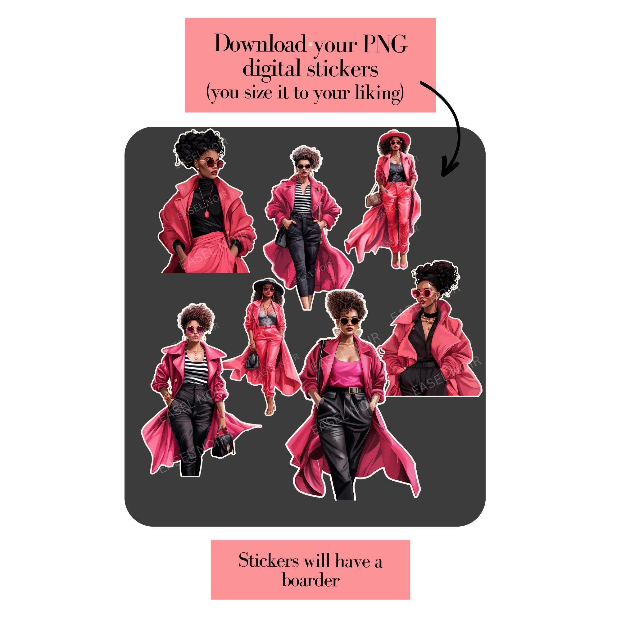 Fashionable Black Woman Printable Planner Stickers Digital Pink Theme ...