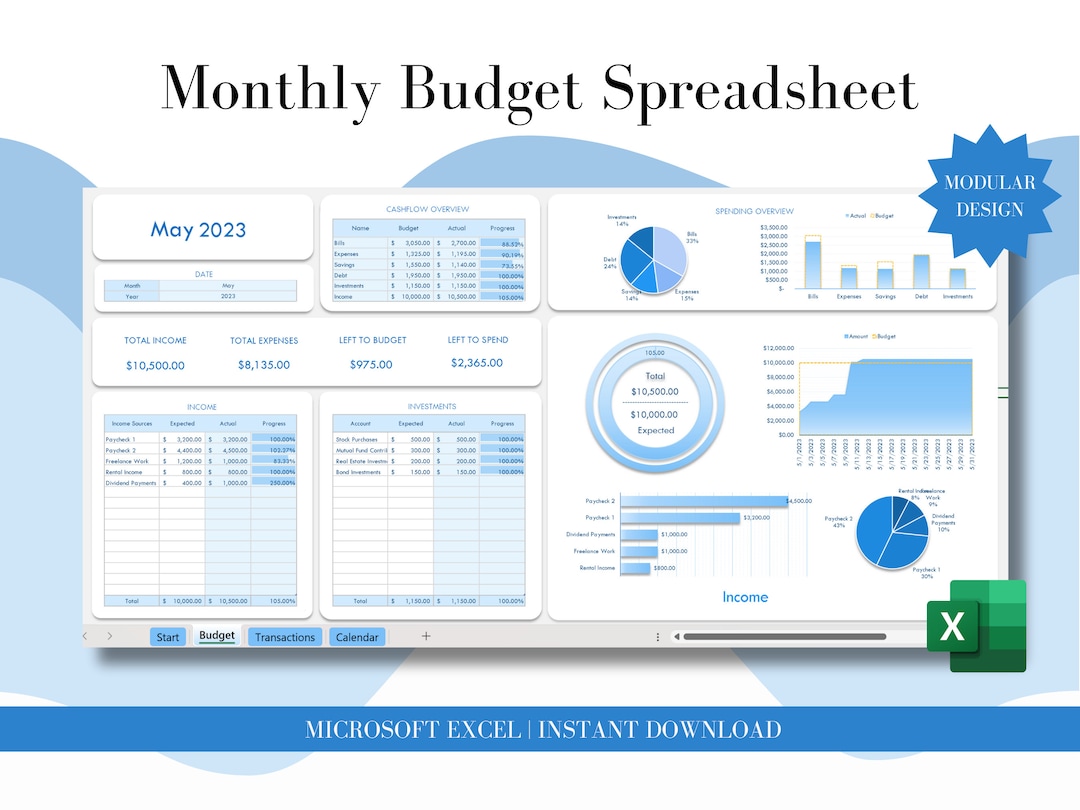 Monthly Budget Excel Spreadsheet Template, Budget Planner, Budget ...