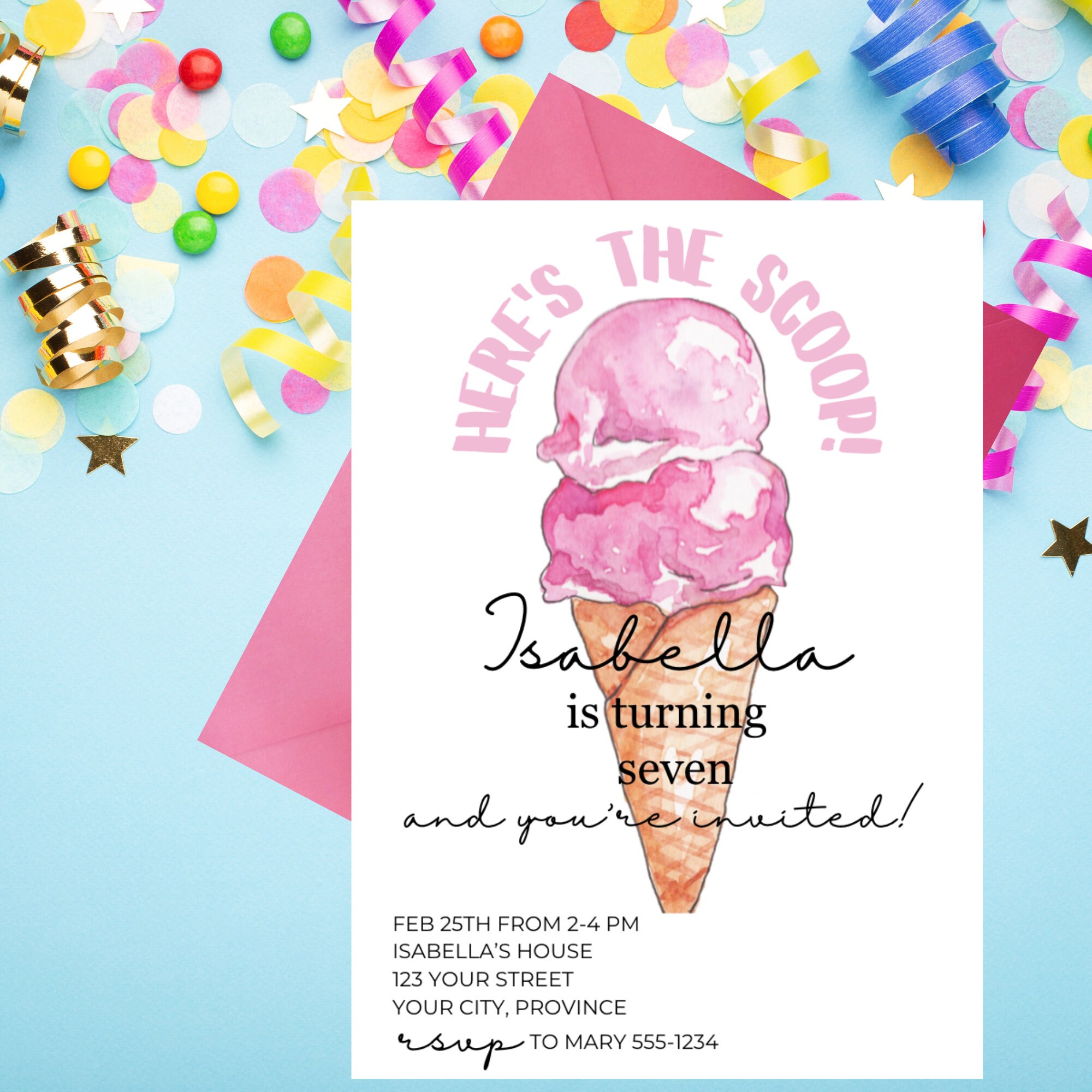 Ice Cream Cone Birthday Invitation - Here's the Scoop Invitation ...
