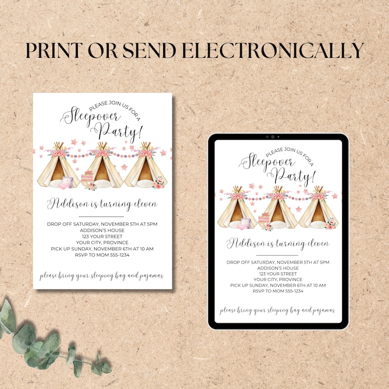 Boho Teepee Sleepover Birthday Invitation - Minimalist Sleepover ...
