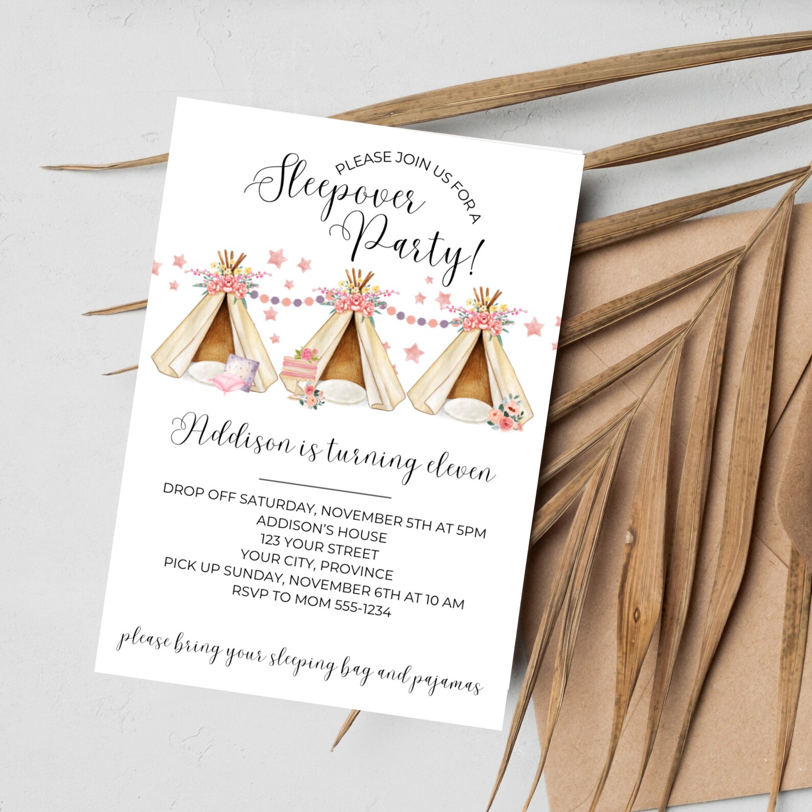 Boho Teepee Sleepover Birthday Invitation - Minimalist Sleepover ...