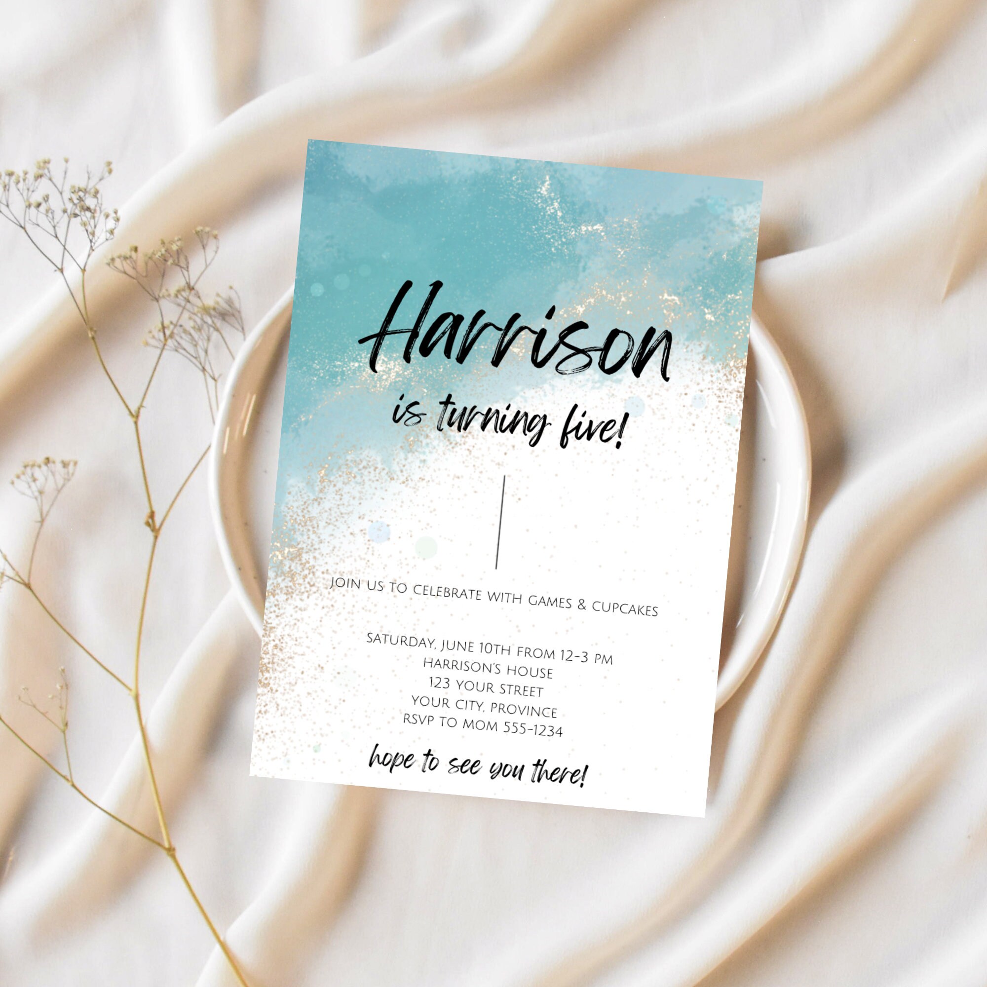 Blue Watercolor Birthday Invitation - Blue Ombre - Blue Watercolor ...