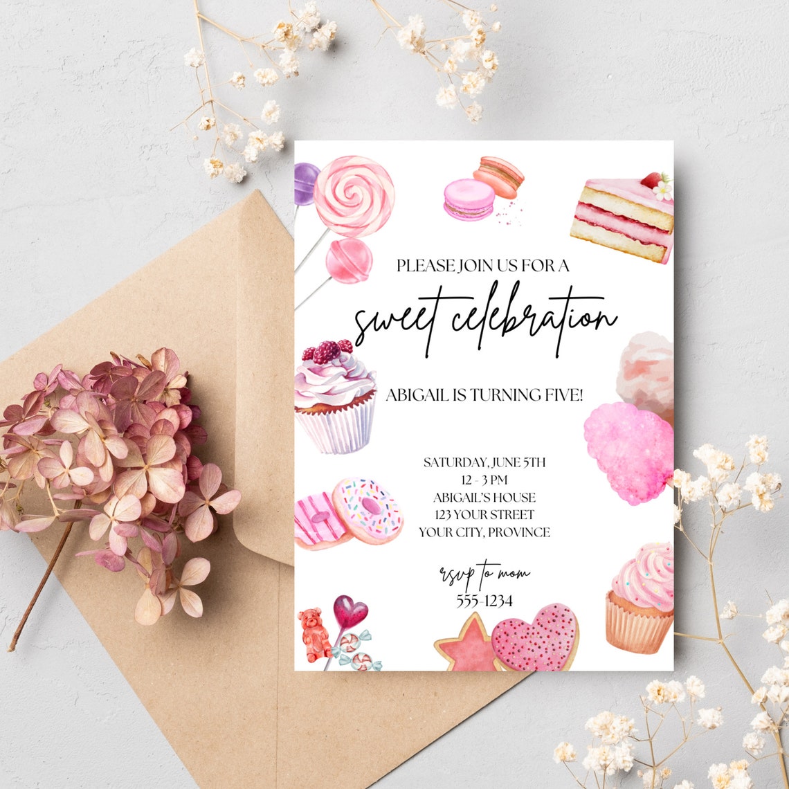 Sweet Celebration Birthday Party Invitation - Sweets Candy Watercolour ...