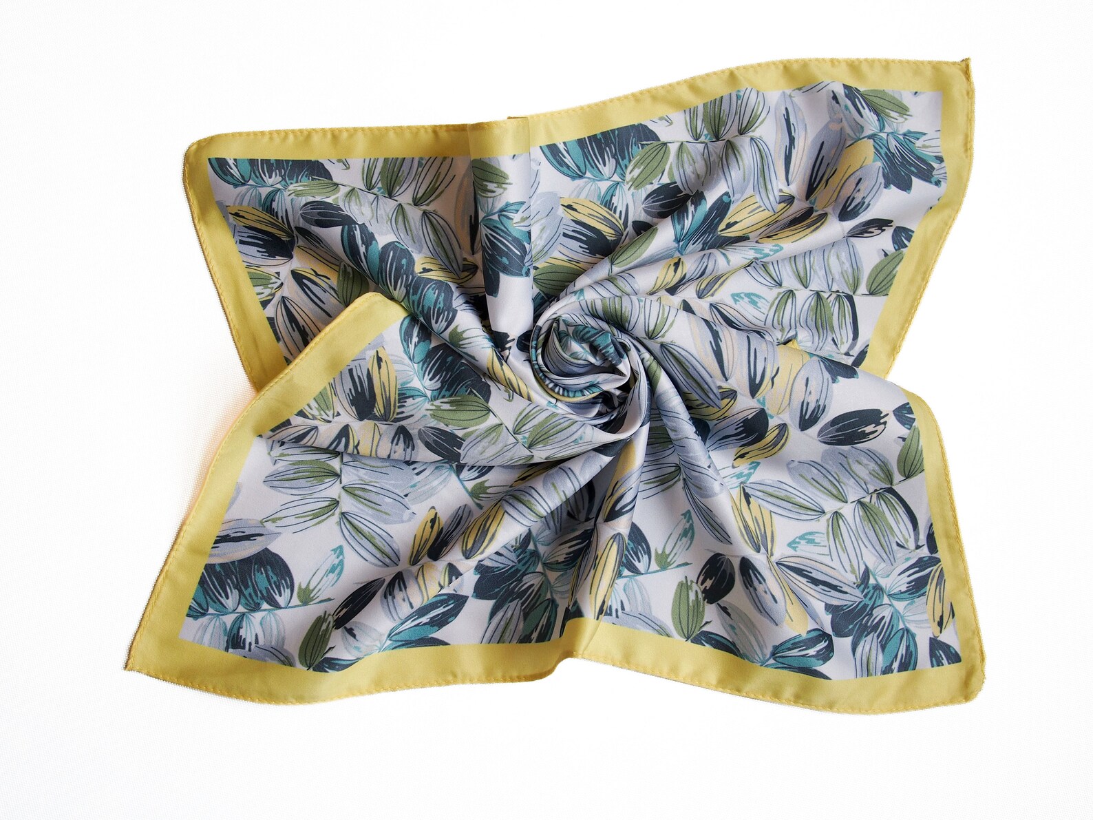 Pastel Leaves Satin Bandana - Elegant Leaf Print Scarf With Yellow ...