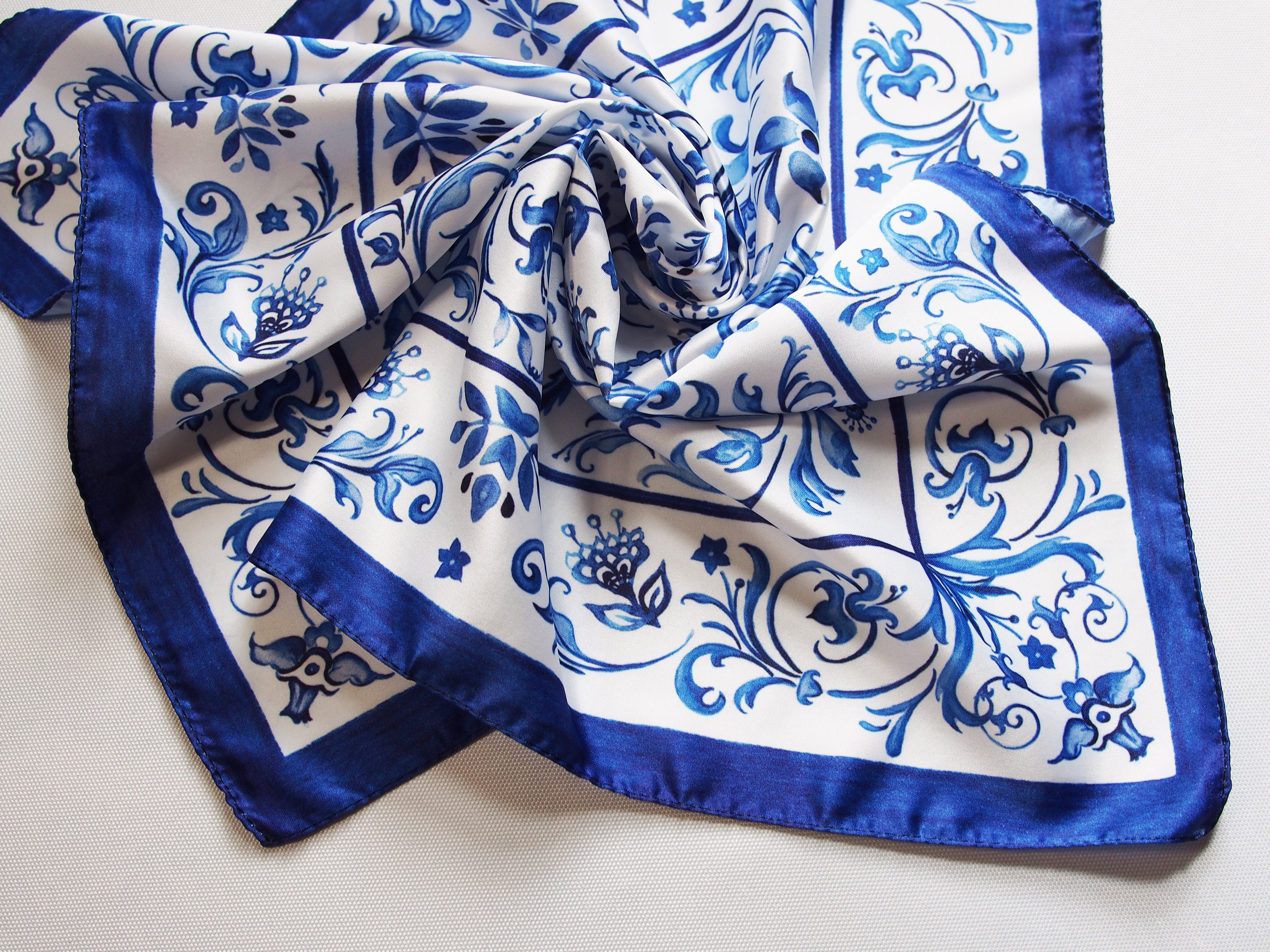 Blue and White Floral Satin Bandana: Baroque Print Neck Scarf - Etsy