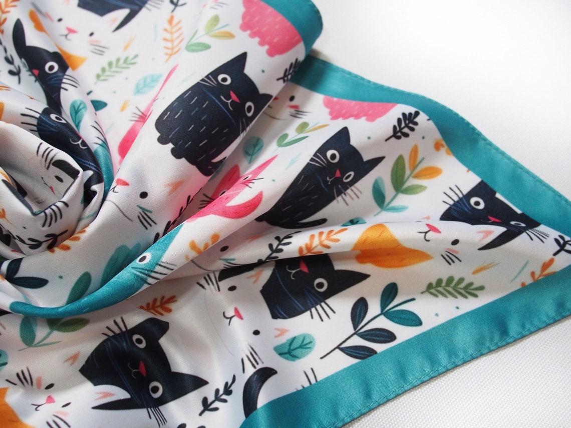 Cat Print Satin Scarf: Multicolor Animal Bandana (48x48cm) - Etsy