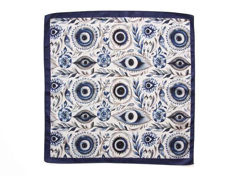 Evil Eye Satin Bandana: Blue Floral Scarf, Protective Amulet (48x48cm ...