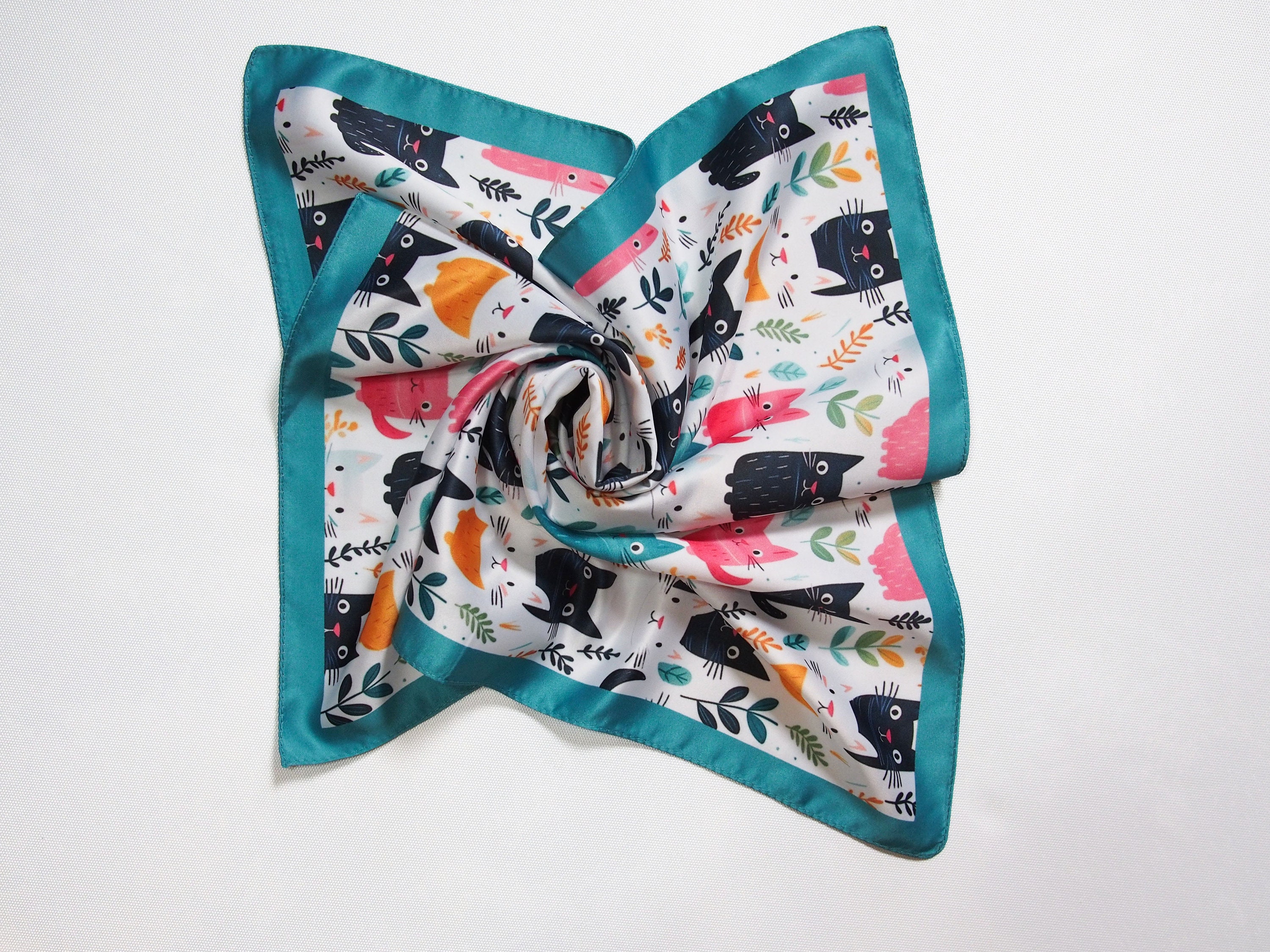 Cat Print Satin Scarf: Multicolor Animal Bandana (48x48cm) - Etsy