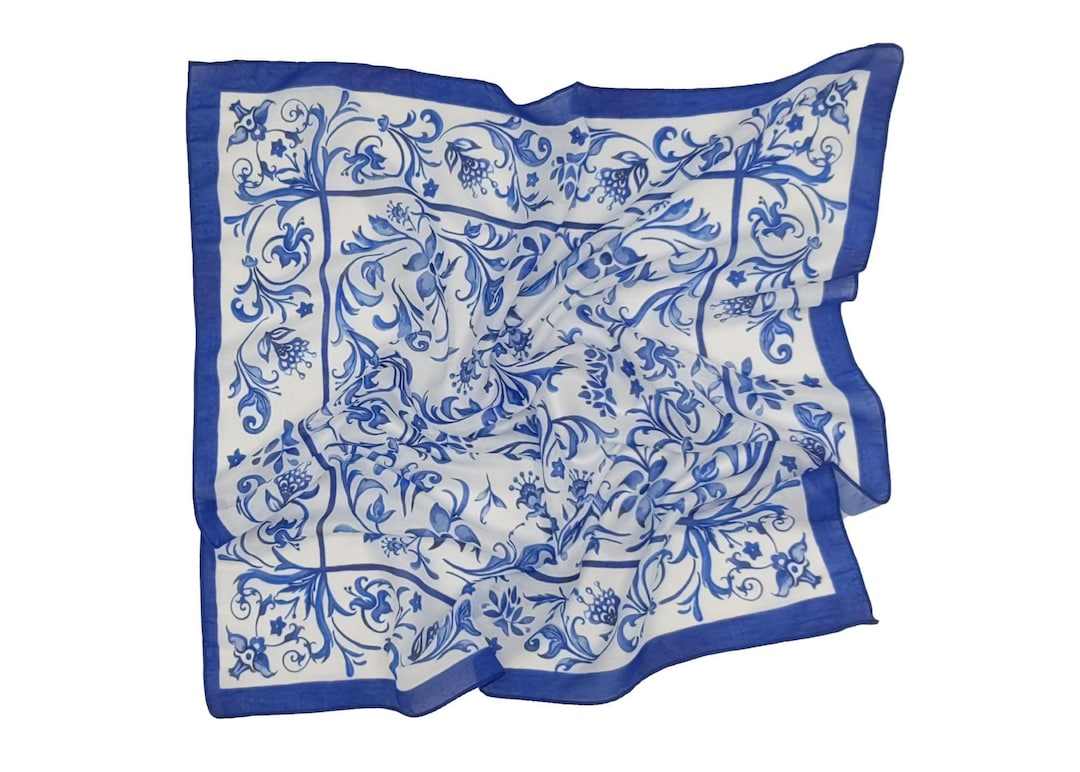 Blue and White Floral Bandana - Baroque Inspired Print Scarf, Popular ...