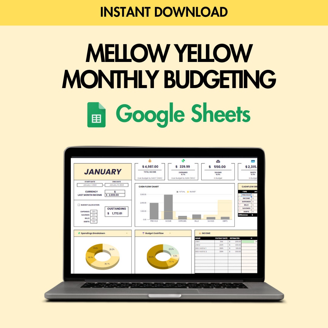 Mellow Yellow Easy Budgeting Spreadsheet, Budget Planner, Monthly ...
