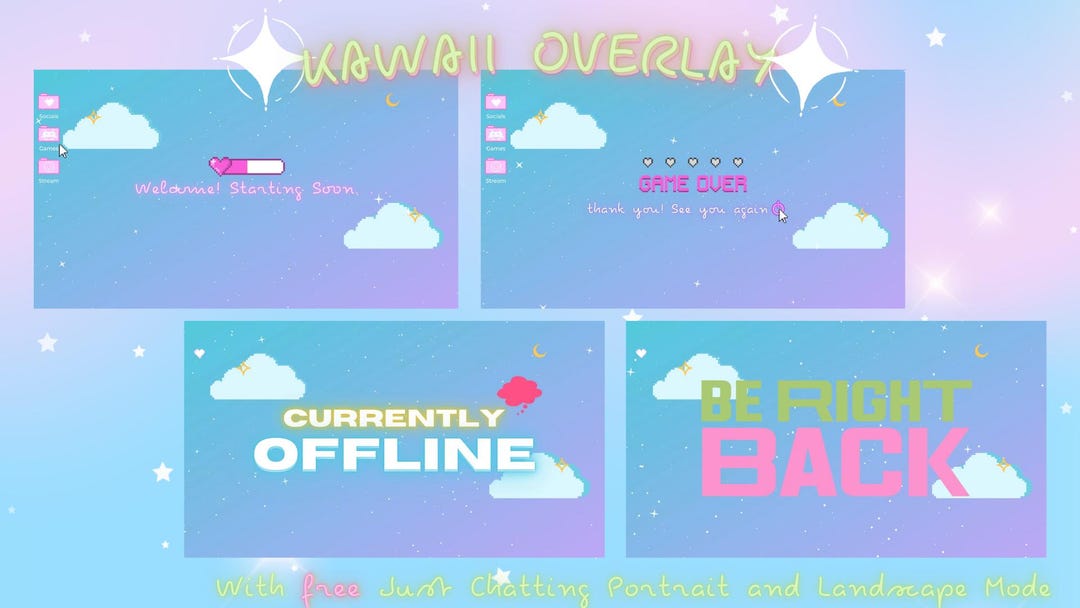 Kawaii Stream Overlay Pack Pastel Gamer Scenes, Cute Just Chatting ...